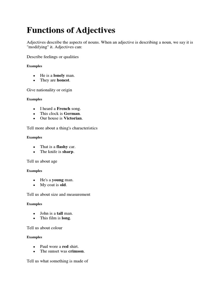 Functions of Adjectives: Examples | PDF | Adjective | Noun