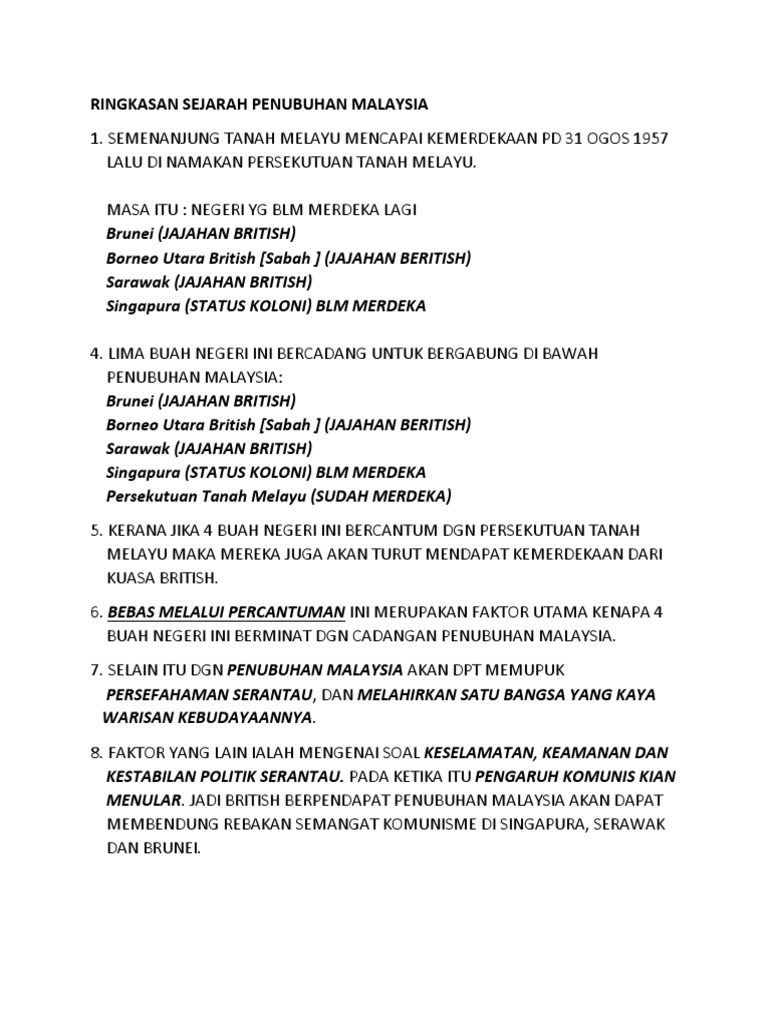 Ringkasan Sejarah Penubuhan Malaysia | PDF