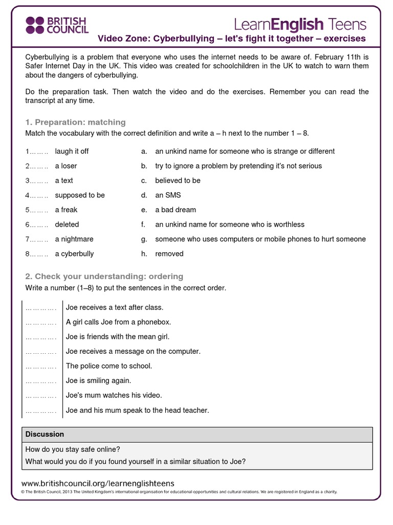 Video Zone: Cyberbullying - Let's Fight It Together - Exercises | PDF ...