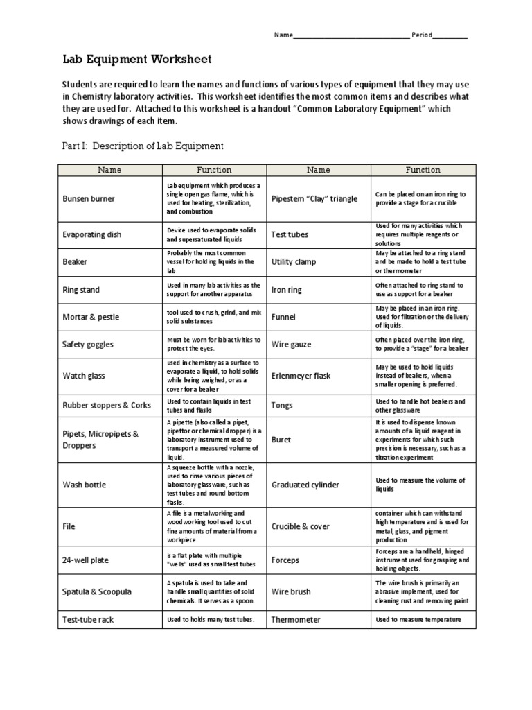 Lab Equipment Identification Worksheet | PDF | Weighing Scale | Chemistry