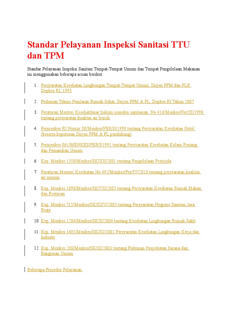 Standar Pelayanan Inspeksi Sanitasi TTU Dan TPM | PDF