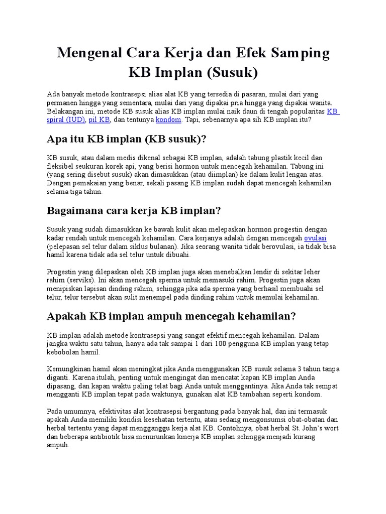 Mengenal Cara Kerja Dan Efek Samping KB Implan | PDF