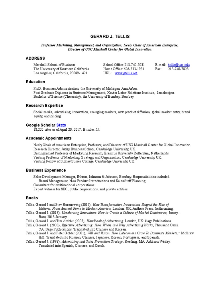 Gerard J. Tellis: Address | PDF | Marketing | Business