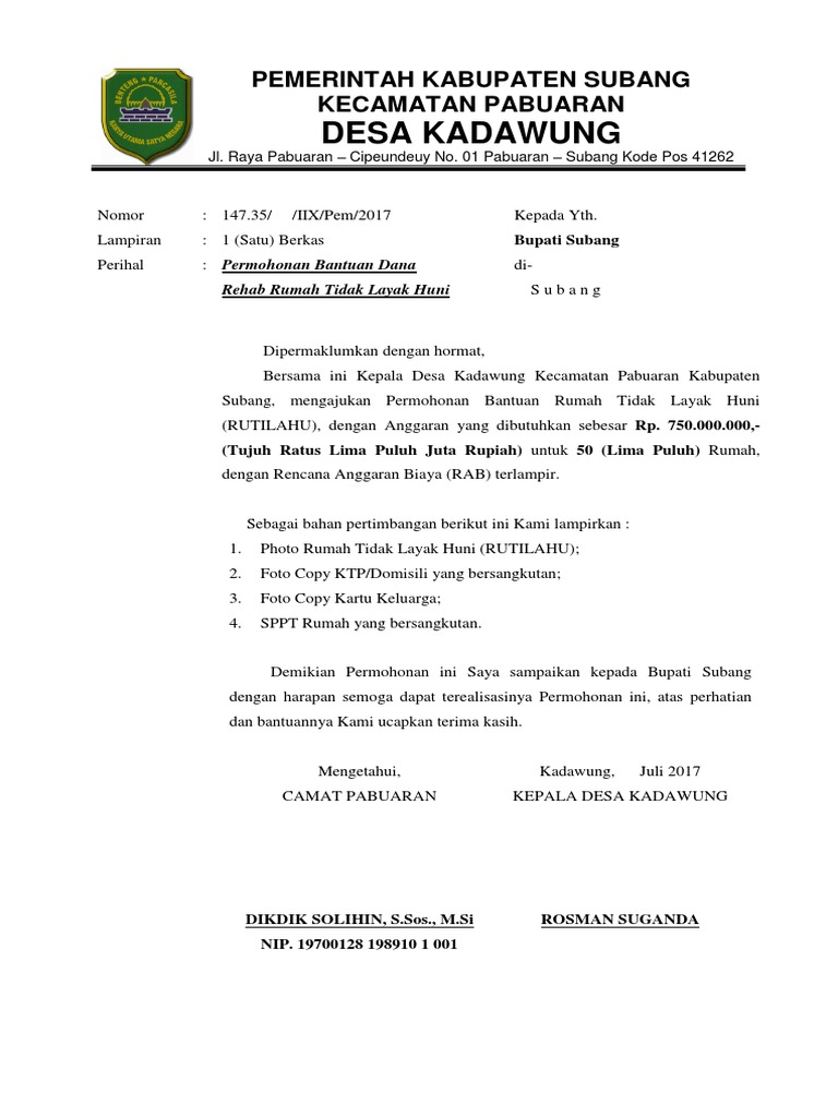 PROPOSAL REHABILITASI RUMAH TIDAK LAYAK HUNI DI DESA KADAWUNG | PDF