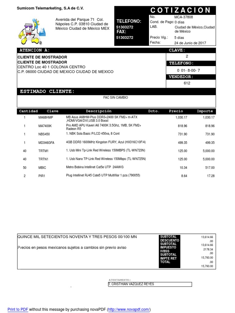 Cotizacion: Estimado Cliente