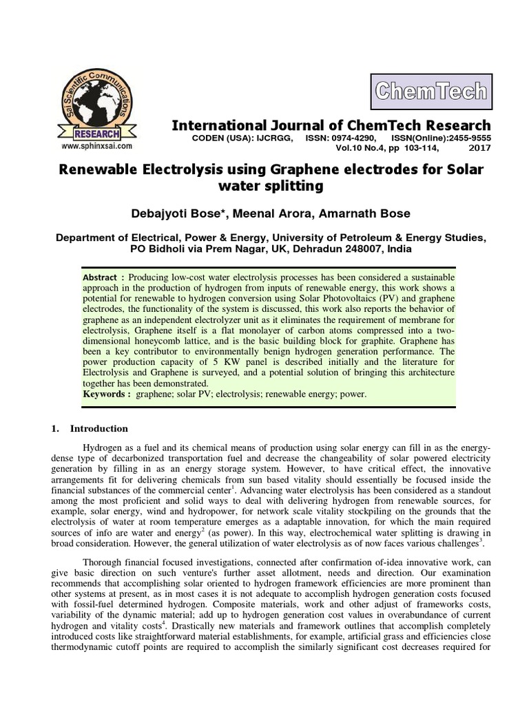 Renewable Electrolysis Using Solar Water Splitting | PDF | Graphene ...