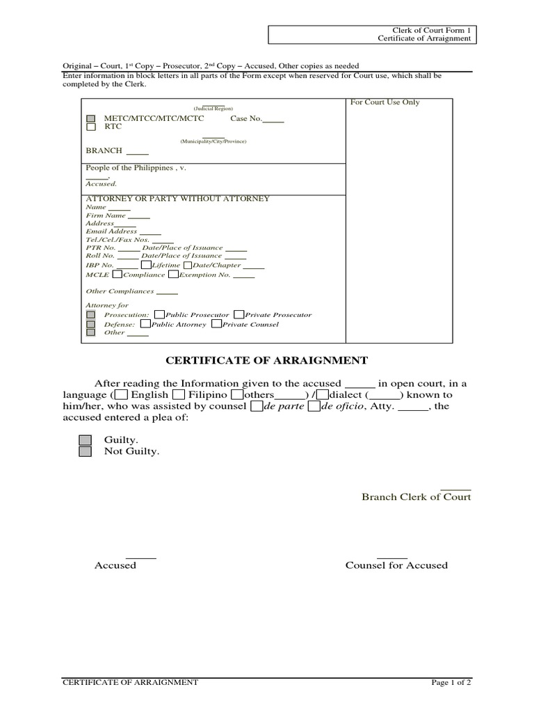 BCC Form 1 Certificate of Arraignment | Arraignment | Fax