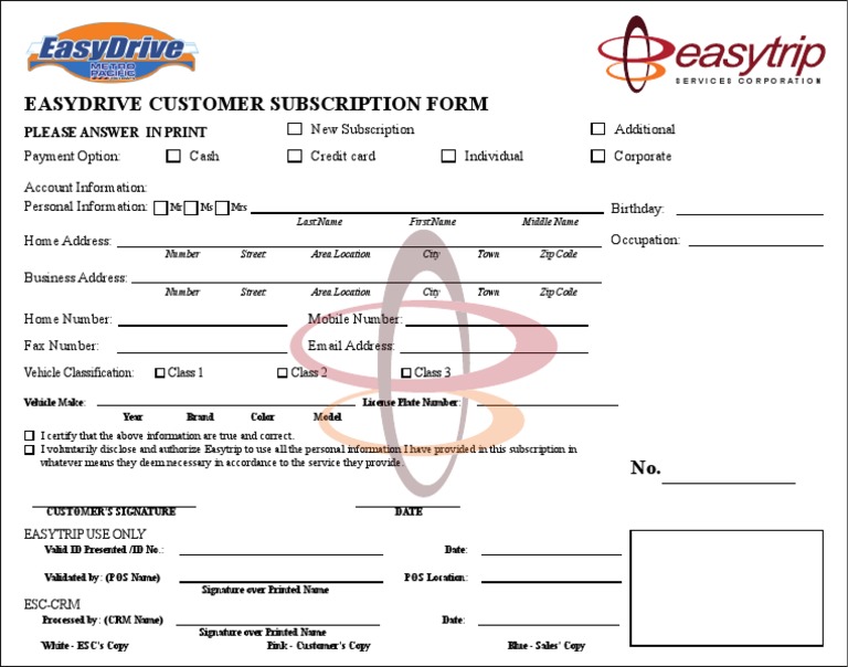EasyDrive Customer Subscription Form | PDF | Point Of Sale ...