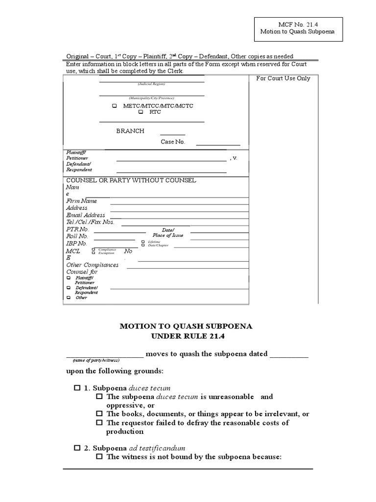 MCF 21.4 Motion To Quash Subpoena | PDF | Subpoena Duces Tecum | Subpoena