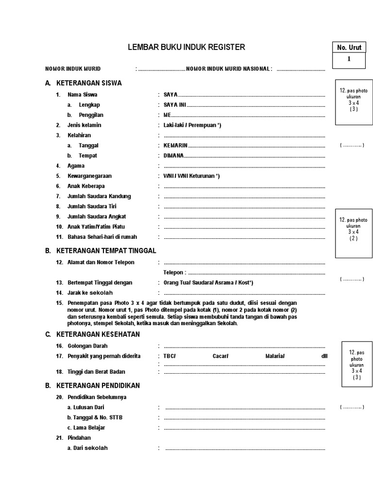 Lembar Buku Induk Register Siswa Baru | PDF