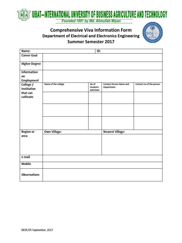 Comprehensive Viva Information Form | PDF