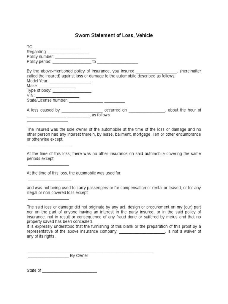 Vehicle Loss Sworn Statement Form | PDF | Insurance | Lease