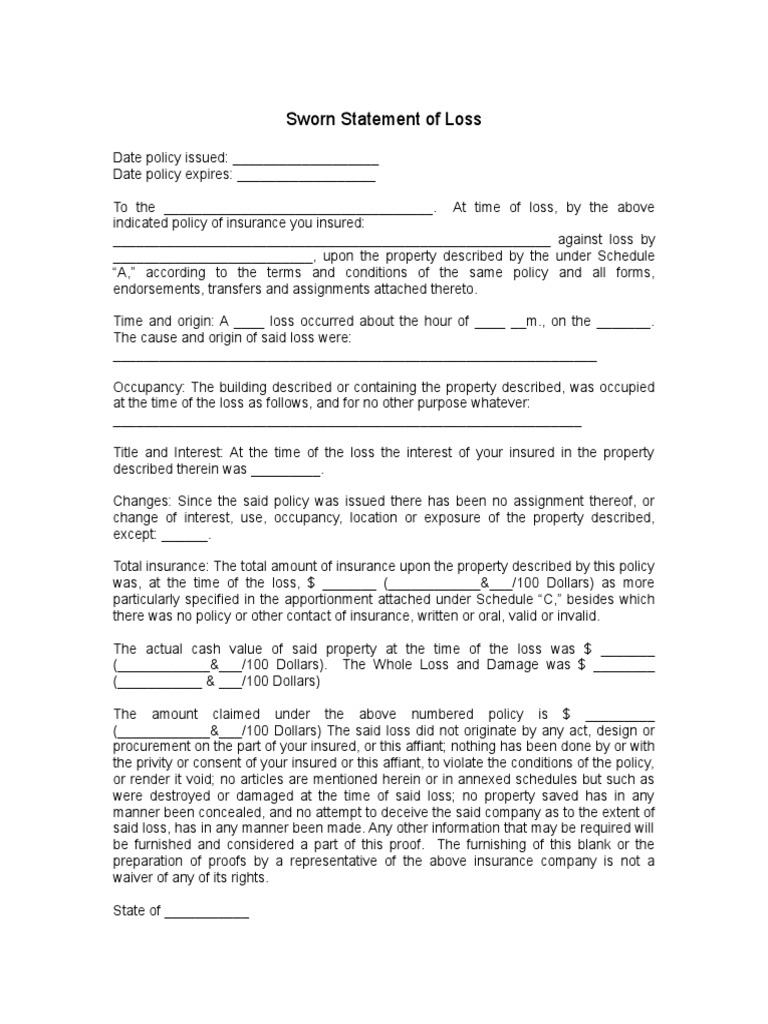 Sworn Statement of Loss, General | PDF | Notary Public | Insurance