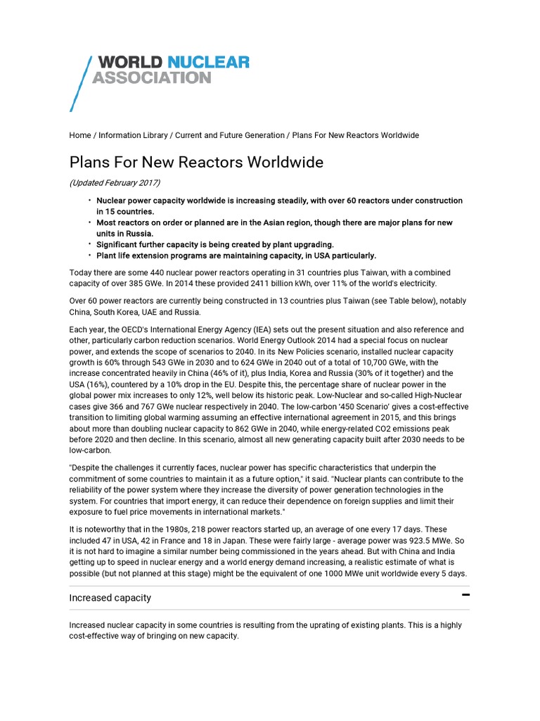 Plans For New Reactors Worldwide: (Updated February 2017) | PDF ...