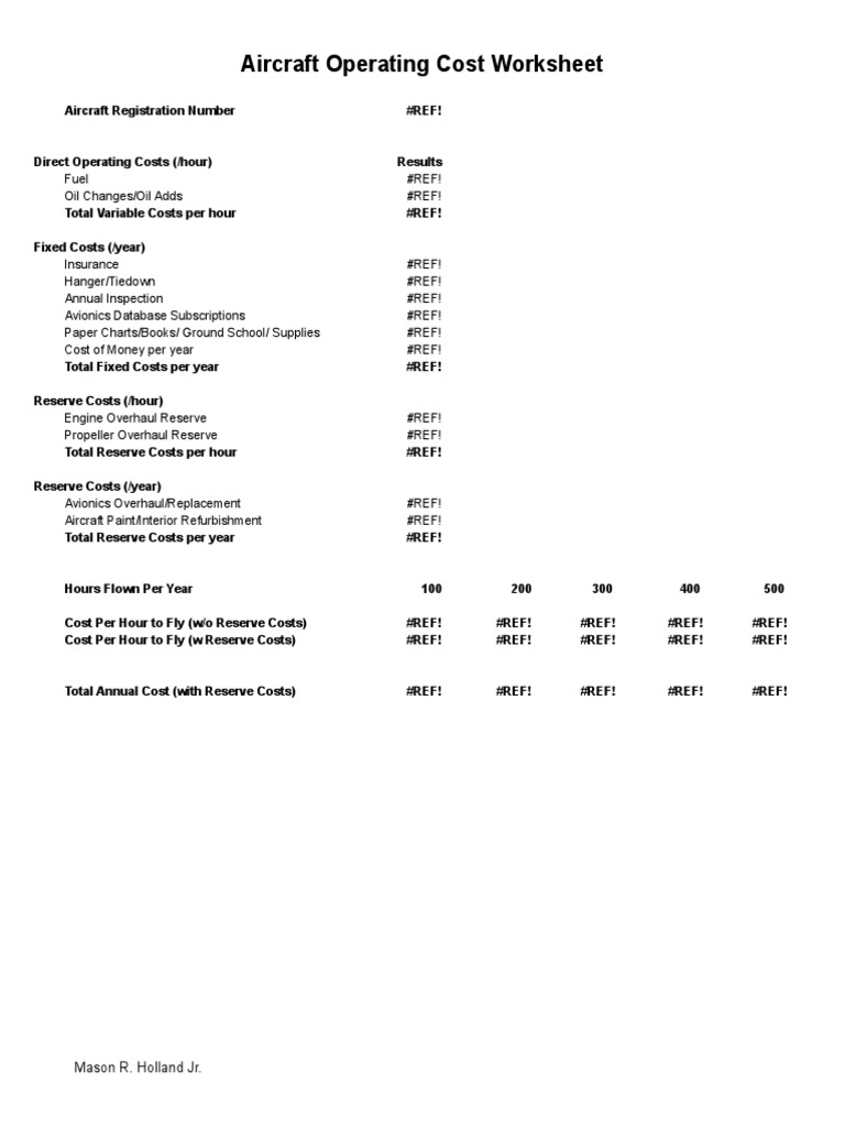 Aircraft Operating Cost Worksheet: Mason R. Holland JR | PDF