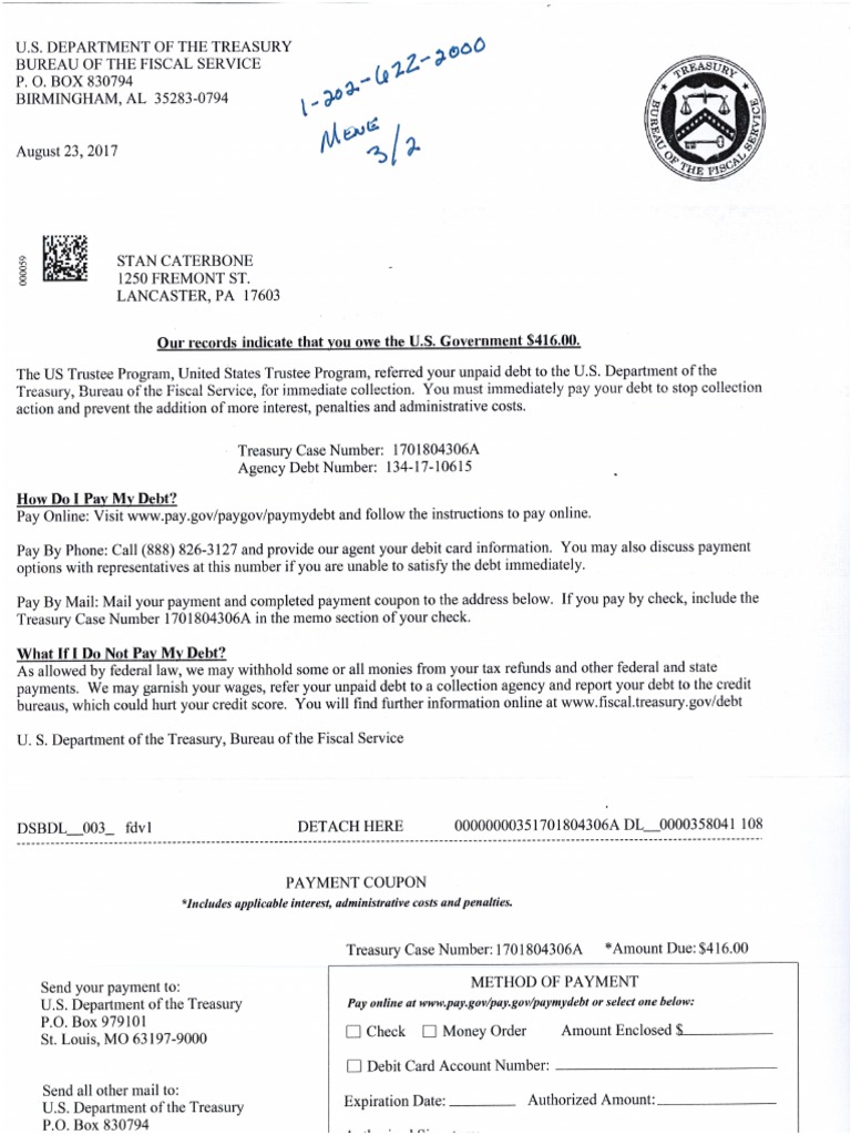 U.S. DEPARTMENT OF TREASURY re U.S. TRUSTEE OFFICE INVOICE re CHAPTER ...