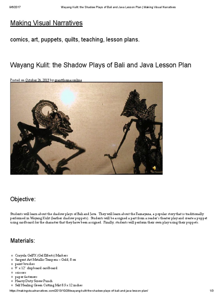 Wayang Kulit - The Shadow Plays of Bali and Java Lesson Plan - Making Visual Narratives | PDF ...