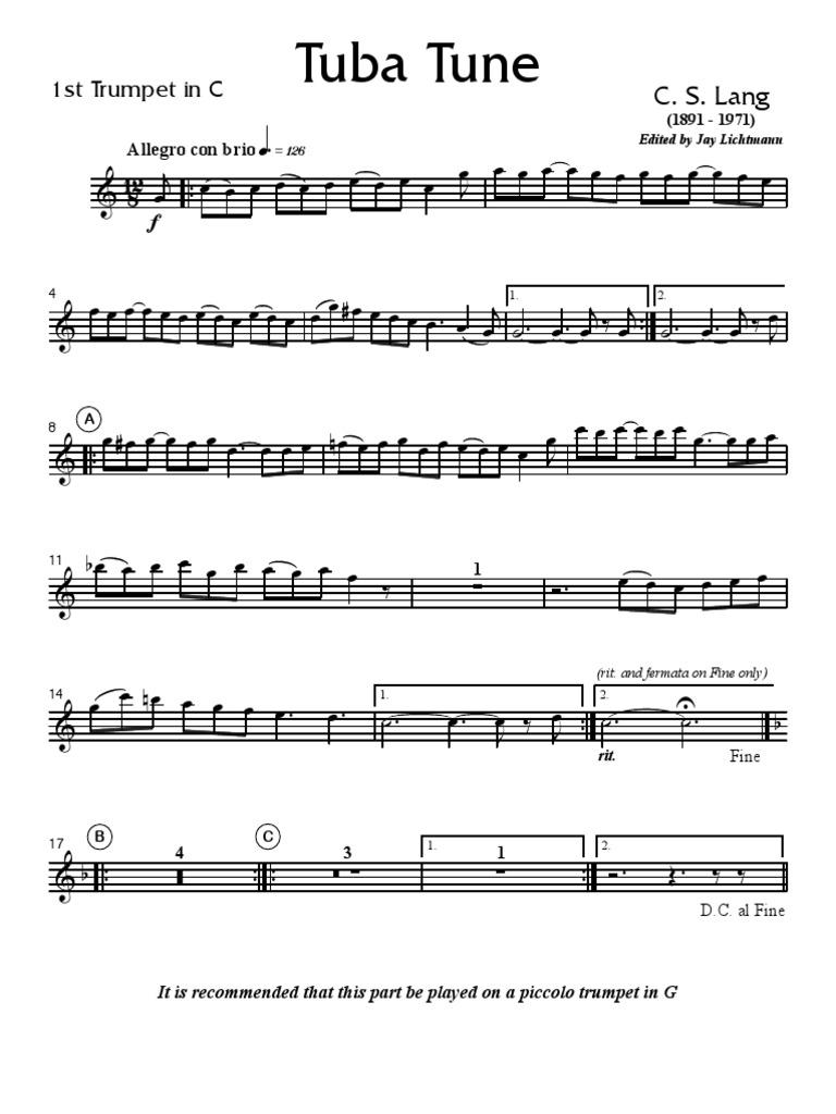 1st Trumpet in C Tuba Tune Sheet Music | PDF | Elementary Organology ...