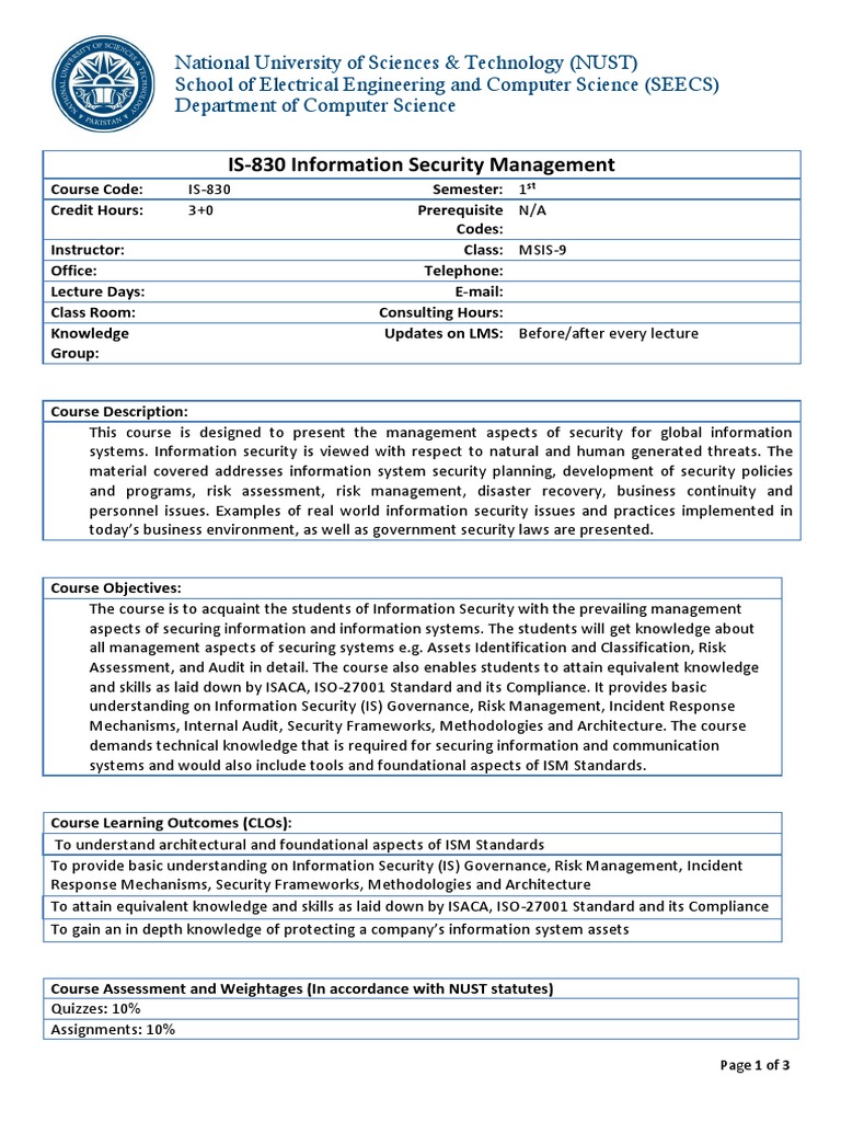 Course Outline Is 830 | PDF | Information Security | Business Continuity