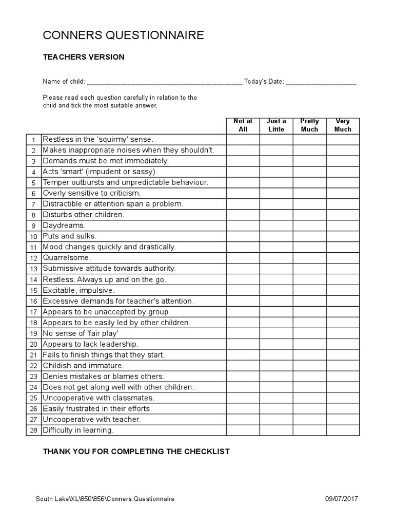 Conners Questionaire | PDF