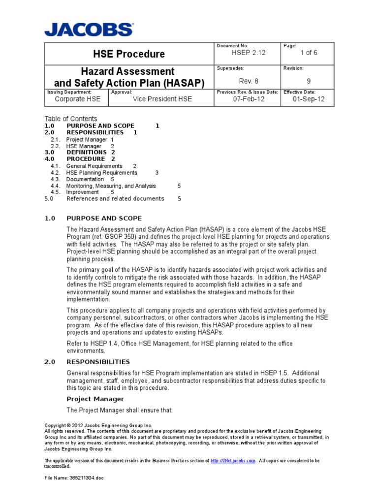 HSE Procedure Hazard Assessment and Safety Action Plan (HASAP) | PDF ...