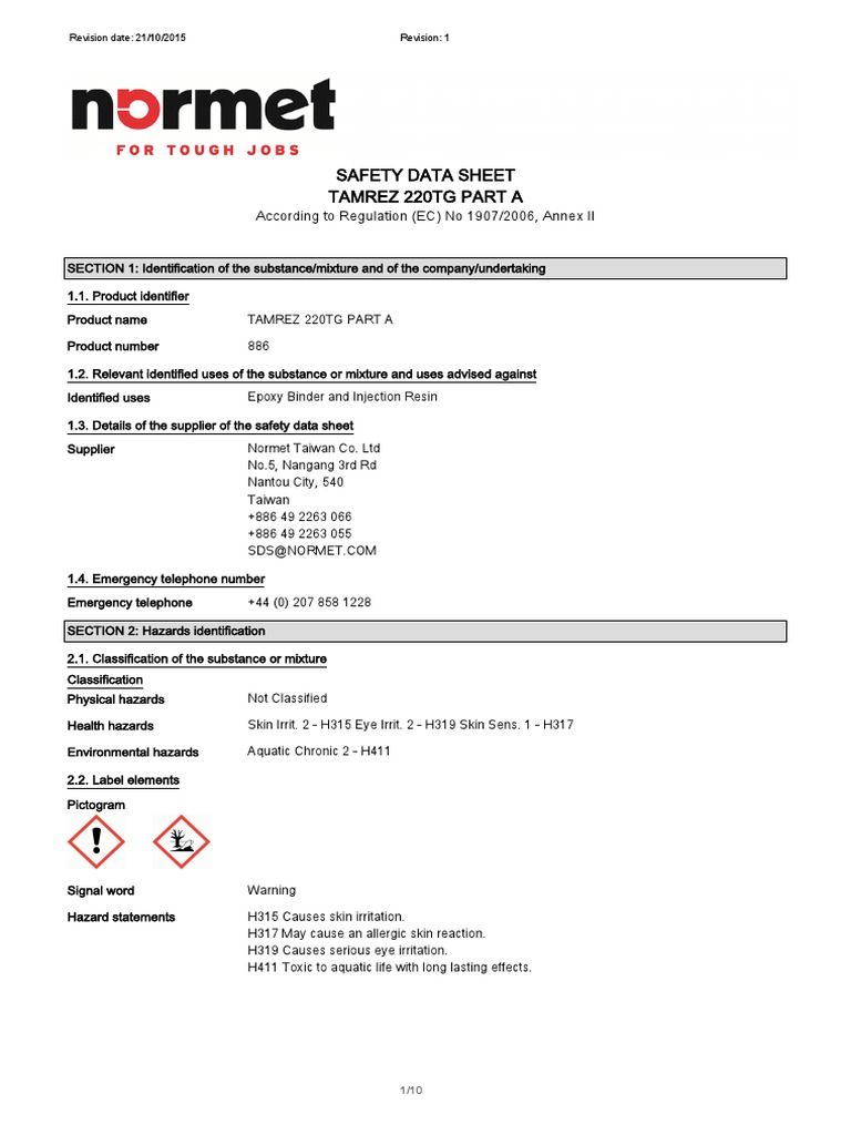 Tamrez 220-220tg Part A Msds r20151021 | PDF | Toxicity | Dangerous Goods