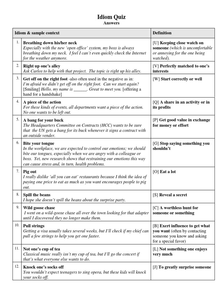 Idiom Quiz Answers | PDF