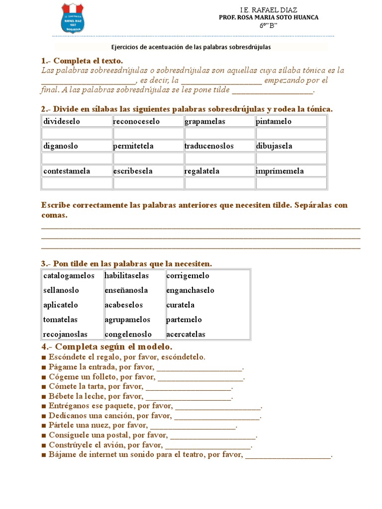 Ejercicios de Acentuación de Las Palabras Sobresdrújulas
