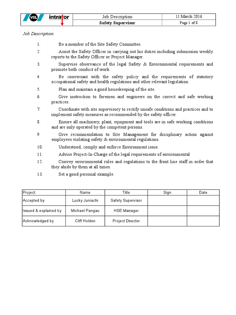 Safety Supervisor Job Responsibilities | PDF | Supervisor ...