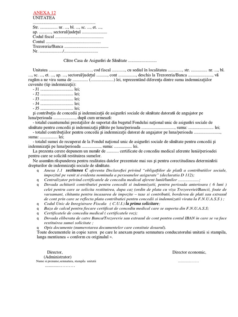 Cerere Restituire Indemnizatii Concedii Medicale Angajator Anexa12