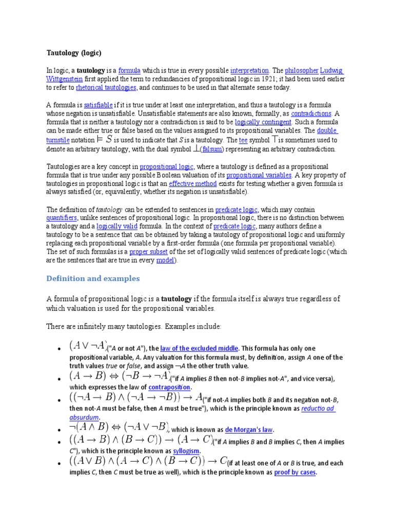 Tautology (Logic) : Definition and Examples | Download Free PDF | Logic ...