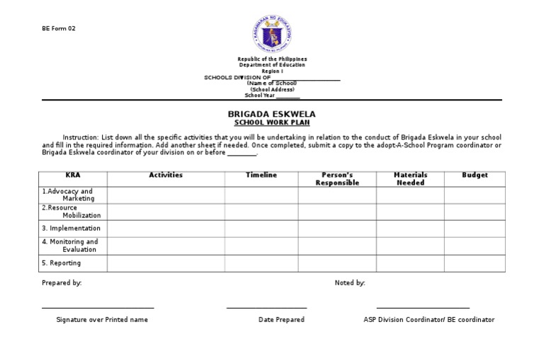 BE Form 2 - SCHOOL WORK PLAN | PDF