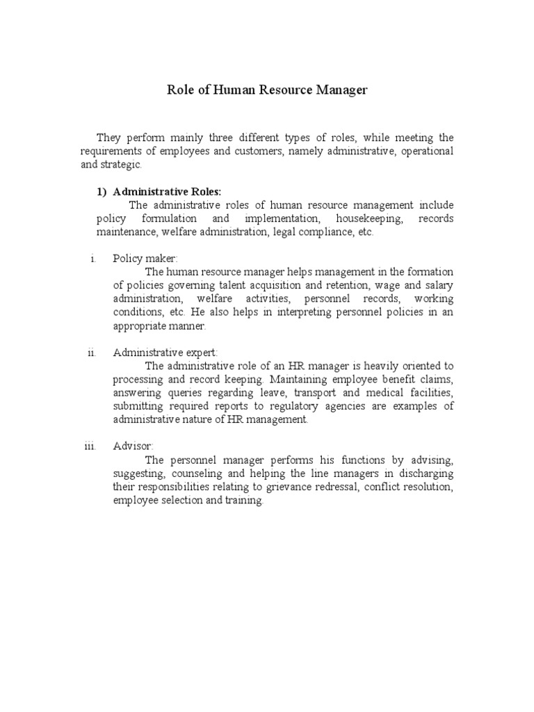 Role of Human Resource Manager | PDF | Human Resource Management ...