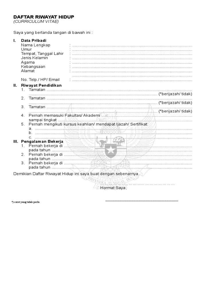 Contoh Daftar Riwayat Hidup Curriculum Vitae Ringkas Doc | PDF