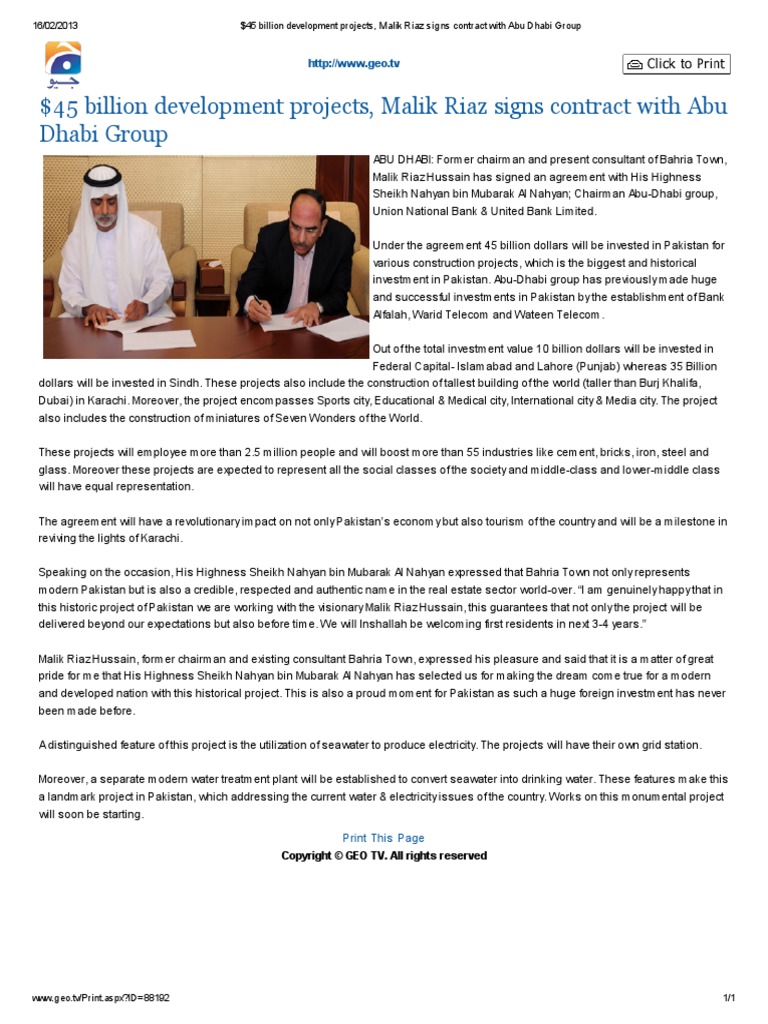 $45 Billion Development Projects, Malik Riaz Signs Contract With Abu ...