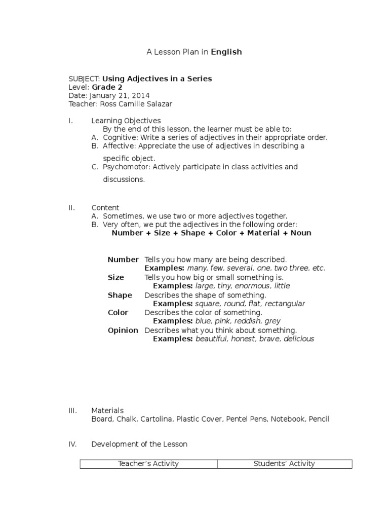 Grade 2 Adjectives Lesson Plan | PDF | Adjective | Lesson Plan