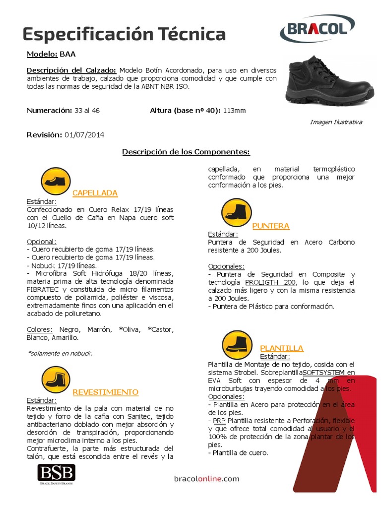 Ficha Tecnica - Bota Bracol Cordones | PDF | Materiales de construcción | Industrias