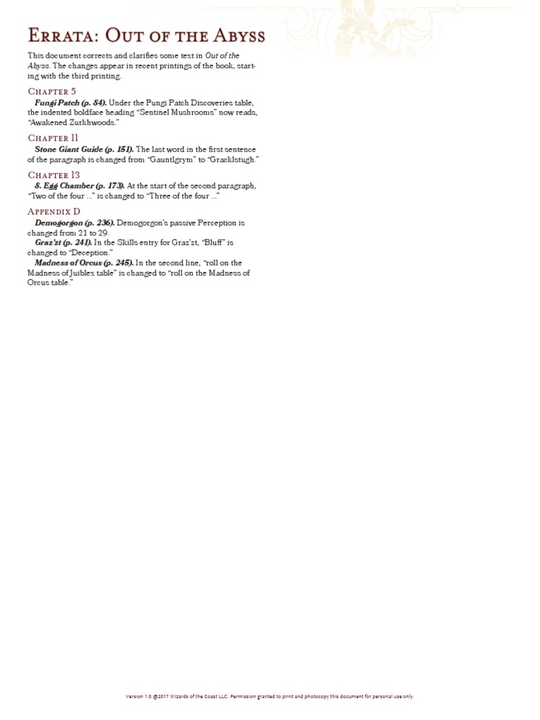 DND 5E Out of The Abyss Errata v1.0 | PDF