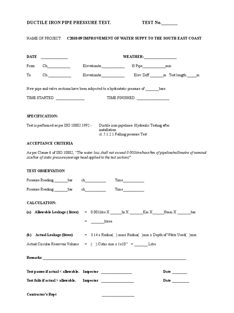 Ductile Iron Pipe Pressure Test Records | PDF