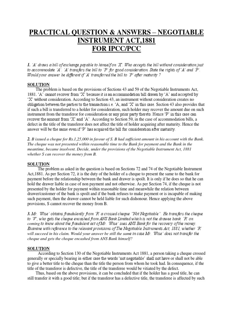 Practical Question & Answers - Negotiable Instruments Act | PDF | Negotiable Instrument | Cheque