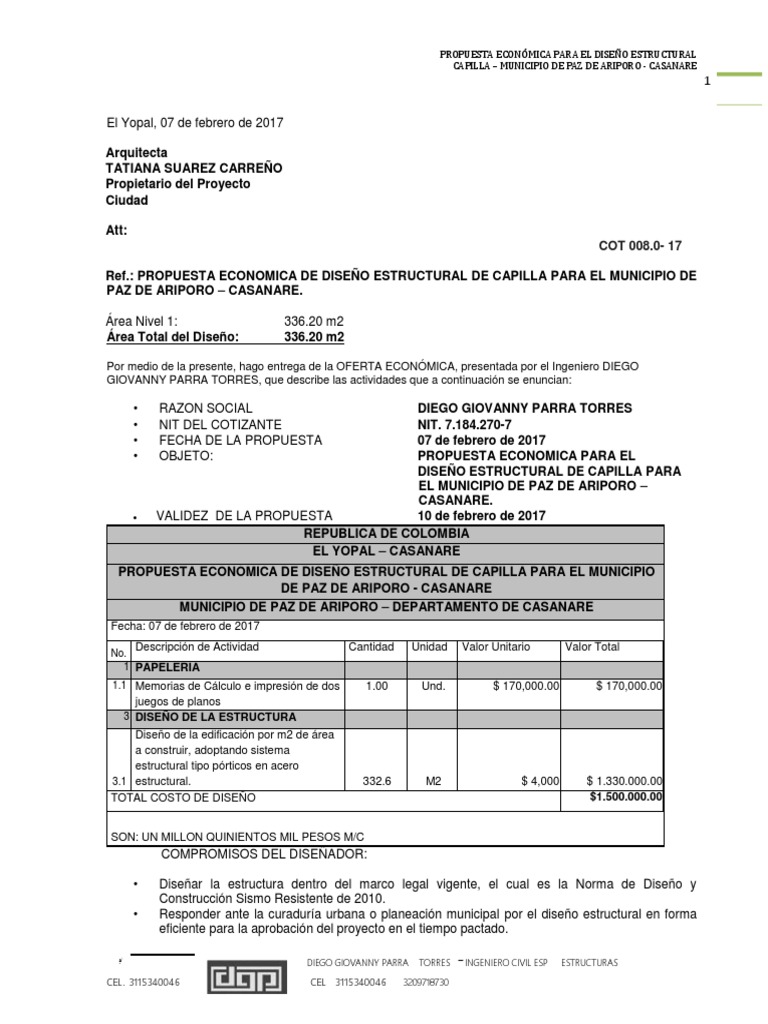 Cotizacion 008-17 Diseño Capilla Pza - Casanare | Descargar gratis PDF | Arquitecto | Business