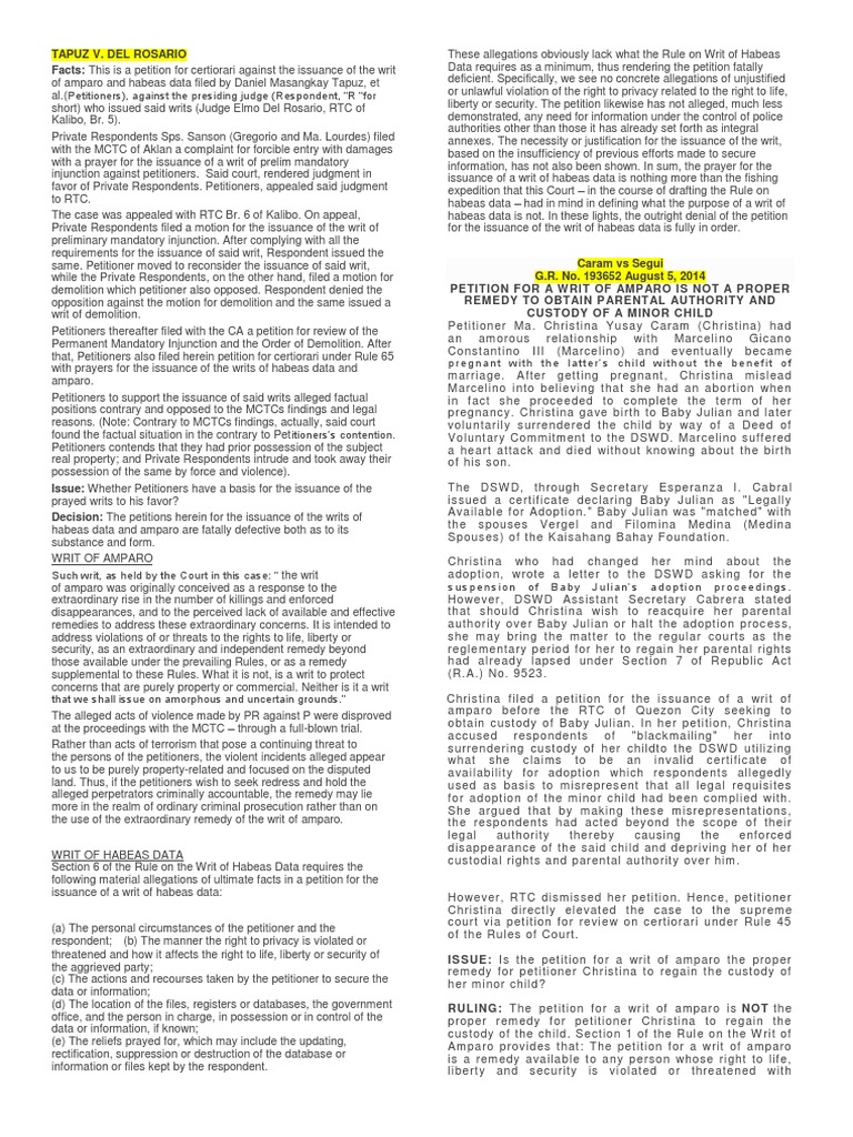 Prerogative Writs Case Digests | PDF | Evidence (Law) | Habeas Corpus