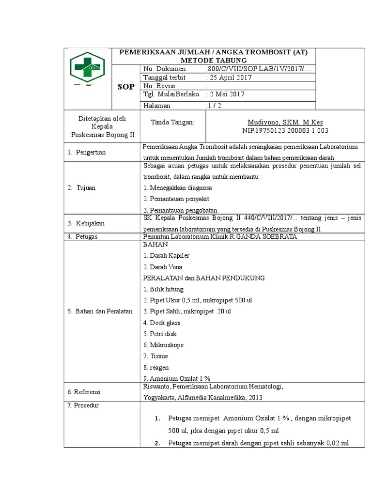 Pemeriksaan Jumlah Angka Trombosit Metode Tabung | PDF