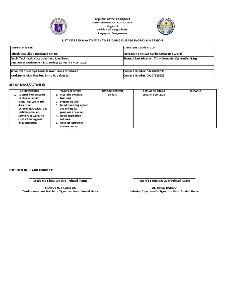 List of Tasks Activities To Be Done During Work Immersion Css | PDF ...