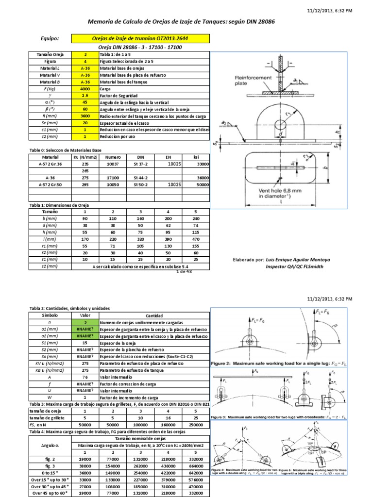 Dimensionamiento de orejas de izaje de tanques según norma DIN 28086 ...