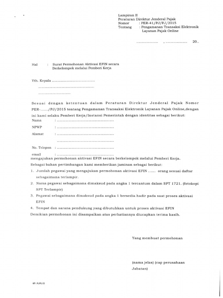 Formulir Permohonan Efin Kolektif Pajak PDF | PDF