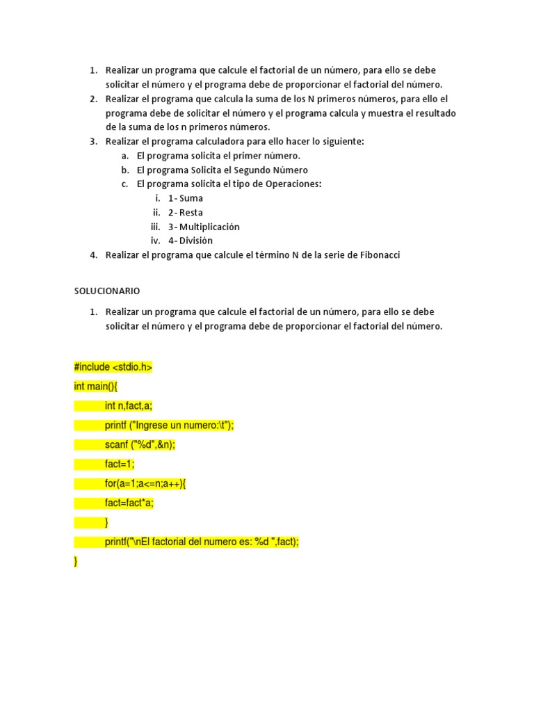 Programas en C: Factorial, Suma, Calculadora y Fibonacci | PDF | Programación de computadoras ...