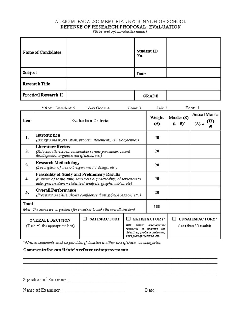 Evaluation of a Research Proposal Defense: Assessing the Satisfactory or Unsatisfactory ...