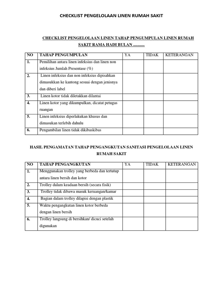 Checklist Pengelolaan Linen Tahap Pengumpulan Linen Rumah Sakit Telaga ...