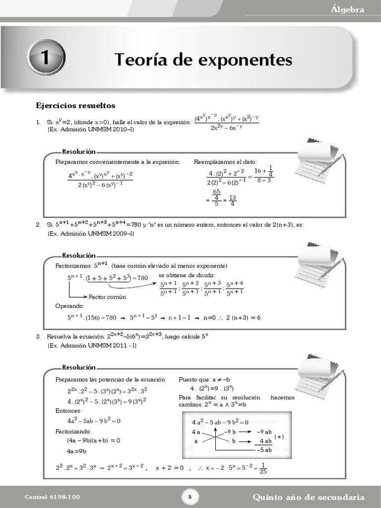 Teoría de Exponentes Ejercicios Resueltos, San Marcos, Unprg, Villareal ...